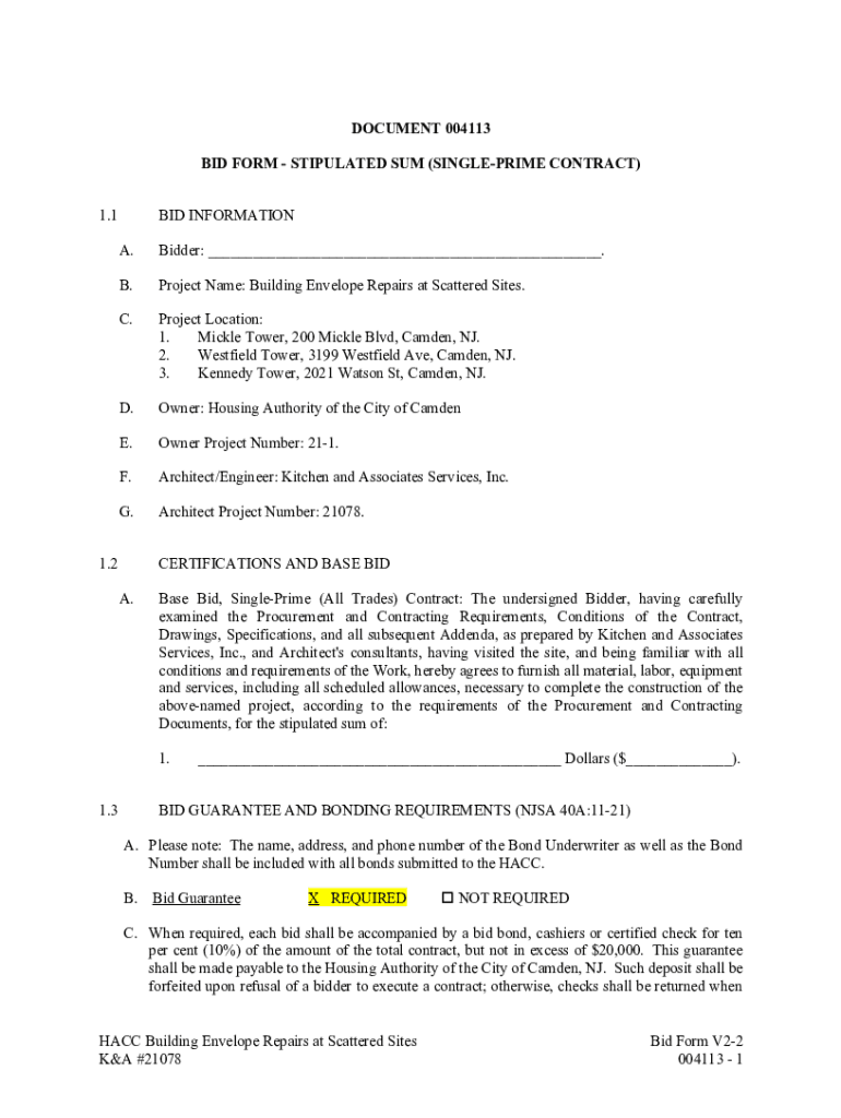 Fillable Online Section 004113 - BID FORM - STIPULATED SUM ... - City ...