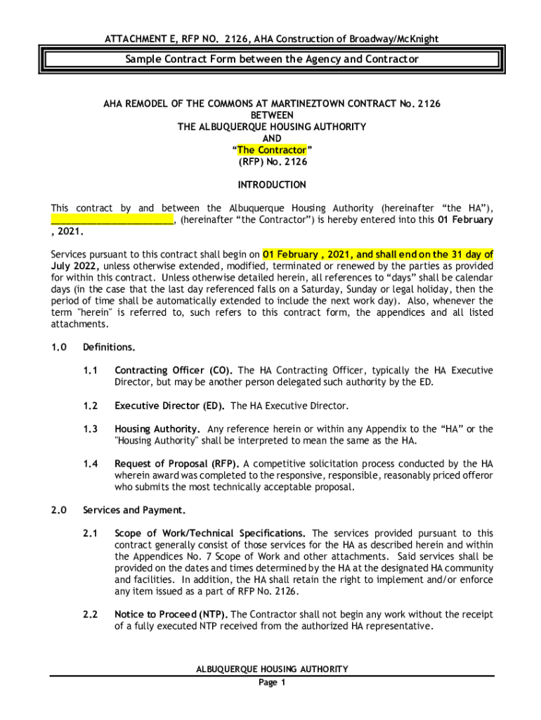 Fillable Online ATTACHMENT E, RFP NO. 2126, AHA Construction of ... Fax ...