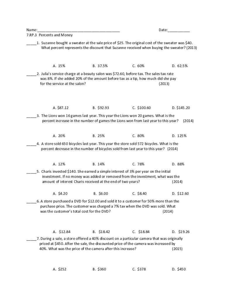 Fillable Online 7.RP.A.3.Percents.pdf - Regents Exam Questions 7.RP.A.3 ...