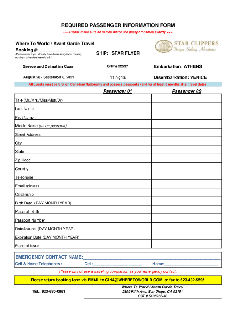 Fillable Online REQUIRED PASSENGER INFORMATION FORM Fax Email Print ...