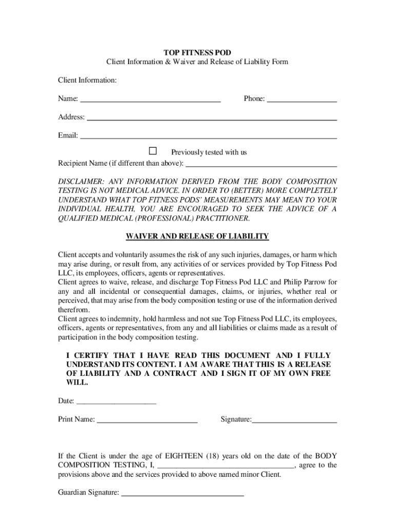 Fillable Online Fitness Liability Waiver FormLiability Waiver Form Fax ...