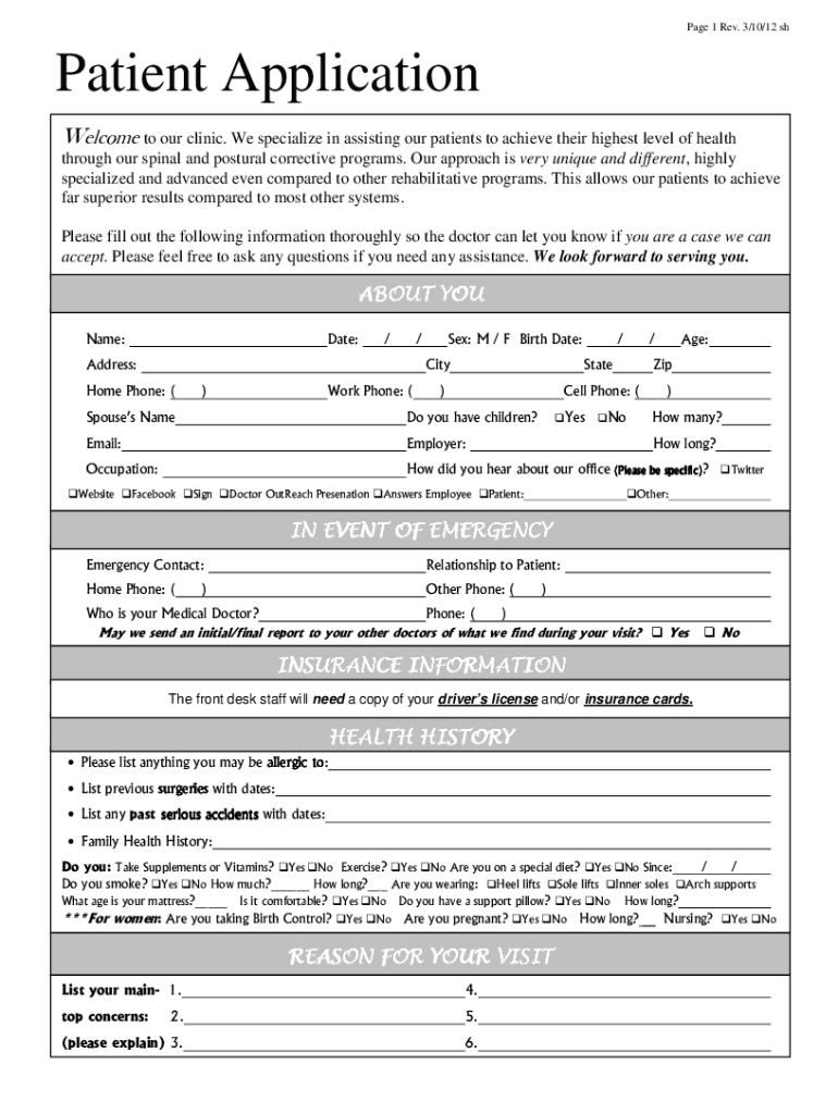 Fillable Online Page 1 Rev. 3/10/12 sh Patient Application Fax Email Print - pdfFiller