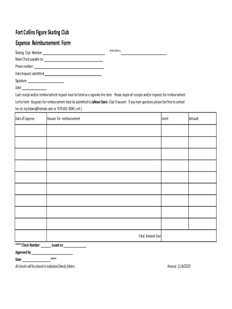 Fillable Online Expense Reimbursement Form Fort Collins Figure Skating ...