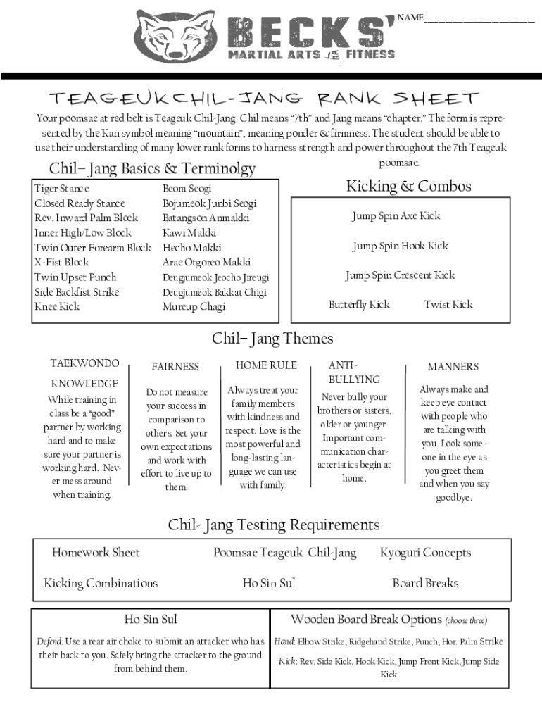 Fillable Online Teageuk SAM-Jang RANK SHEET Your Poomsae at Green Belt ...