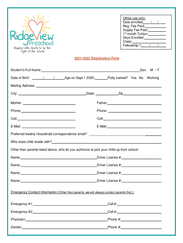 Fillable Online 2021-2022 Registration Form Student's Full Name: Sex ...