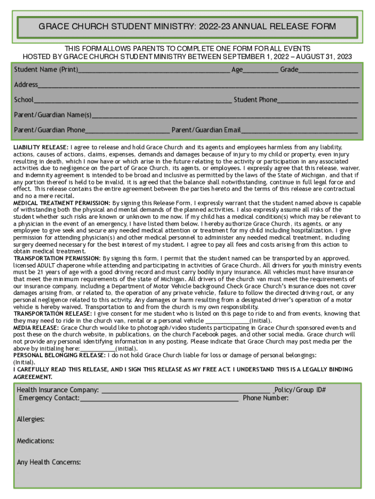 Fillable Online grace church student ministry: 2022-23 annual release form Fax Email Print ...