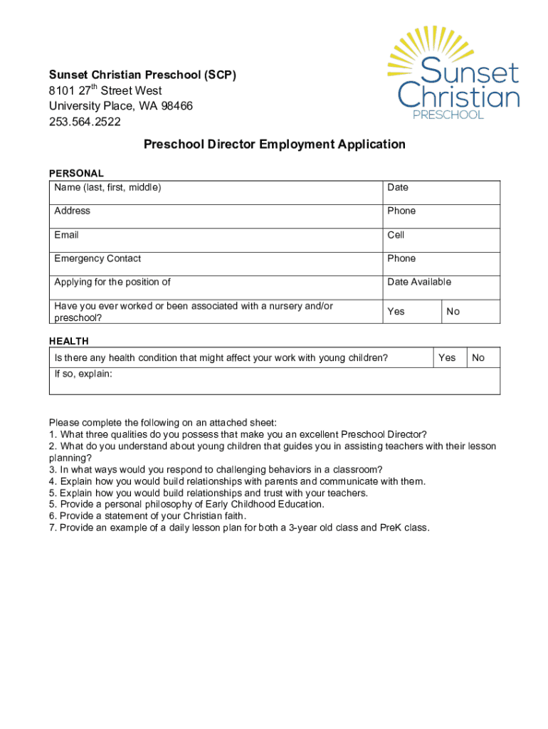 Fillable Online Preschool Director Employment Application Fax Email Print - pdfFiller
