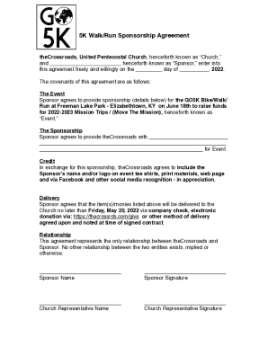 Fillable Online 5K Walk/Run Sponsorship Agreement - storage.snappages ...