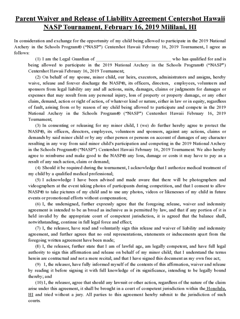 Fillable Online Parent Waiver and Release of Liability Agreement Centershot Hawaii NASP ... Fax ...