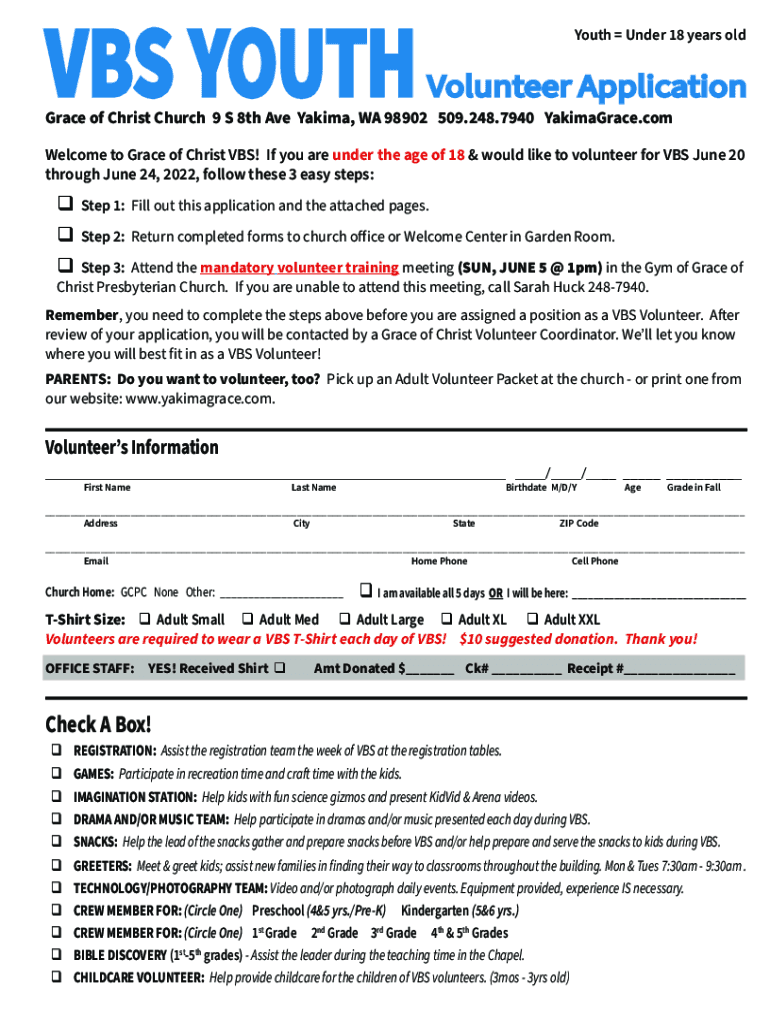 Fillable Online VBS YOUTHVolunteer Application Fax Email Print - pdfFiller