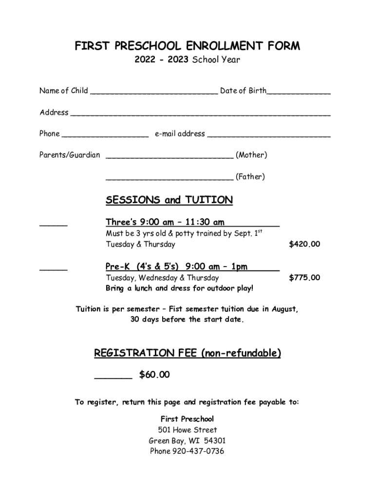 Fillable Online first preschool enrollment form Fax Email Print - pdfFiller