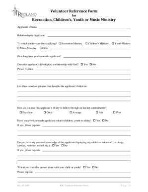 Fillable Online Childrens, Youth or Recreation Ministry Volunteer ...