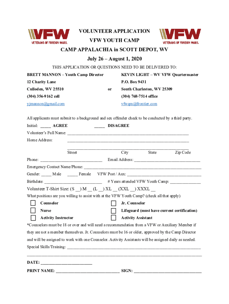Fillable Online VOLUNTEER APPLICATION VFW YOUTH CAMP CAMP APPALACHIA in ...