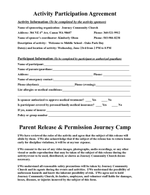 Fillable Online Activity Participation Agreement: (To Be Completed by ...