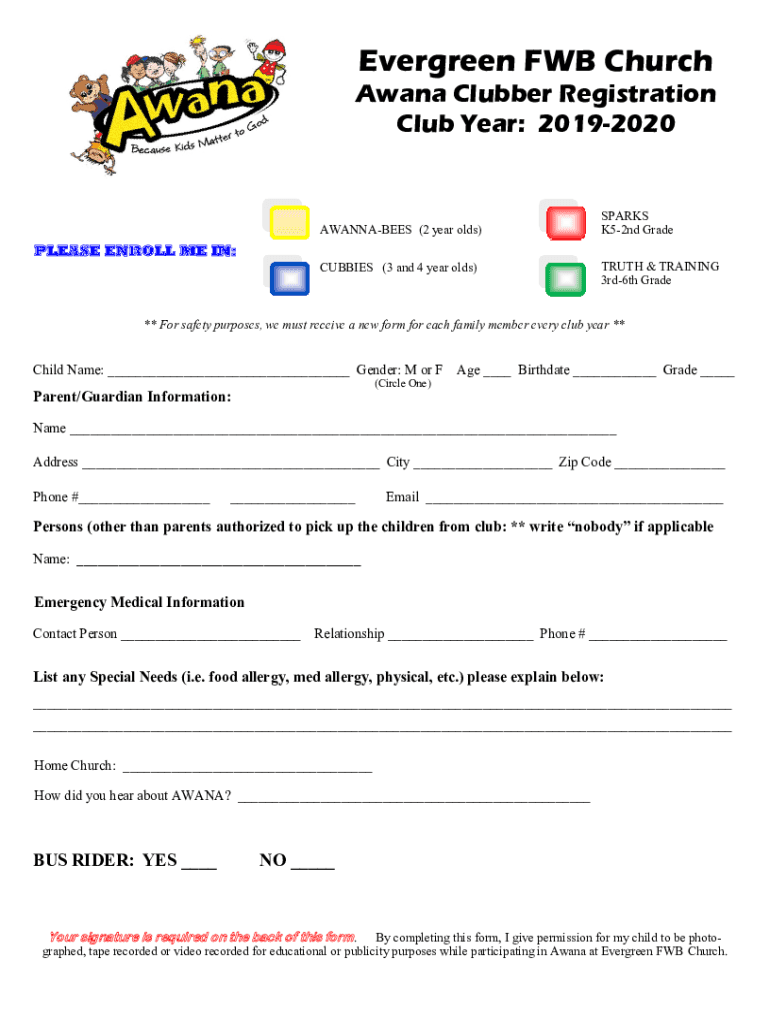 Fillable Online Evergreen Free Will Baptist Church - Awana Fax Email Print - pdfFiller