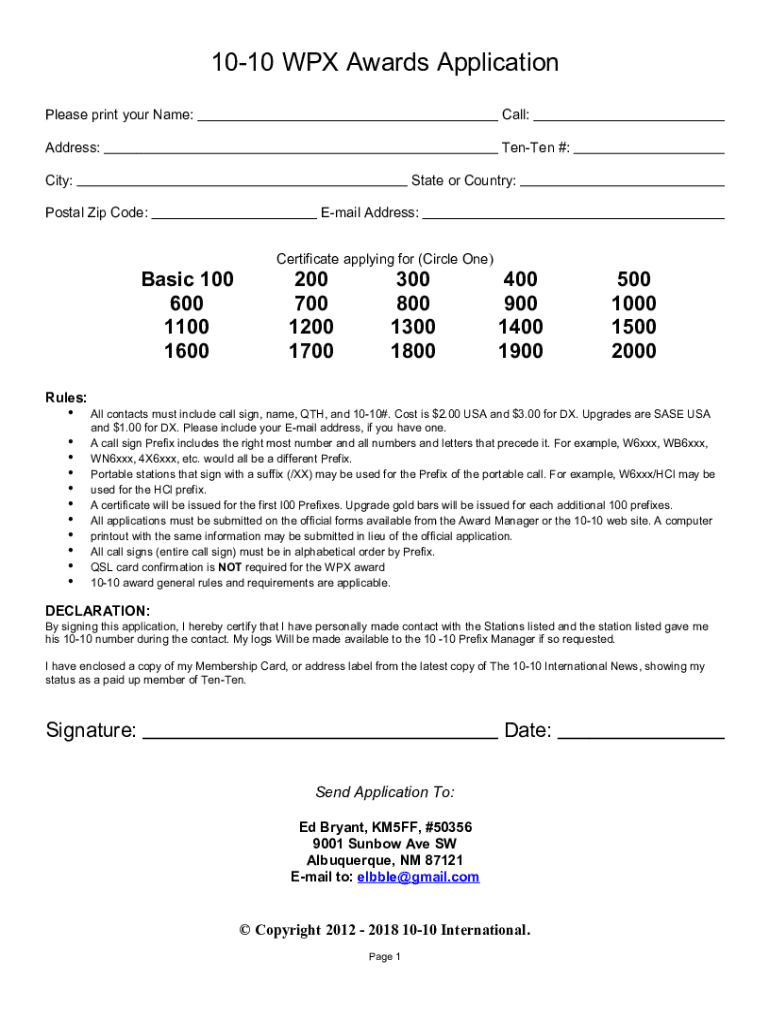 Fillable Online 10-10 WPX Awards Application - Ten-Ten International ...