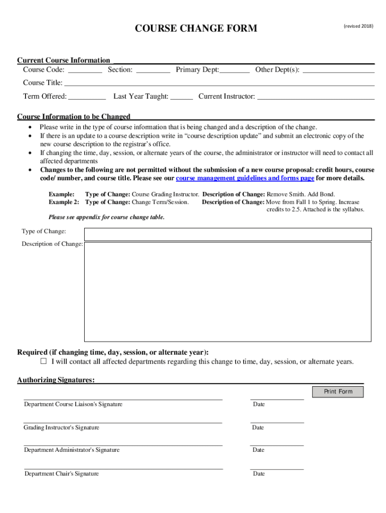 Fillable Online Electronic submission of a Course Change form Fax Email ...