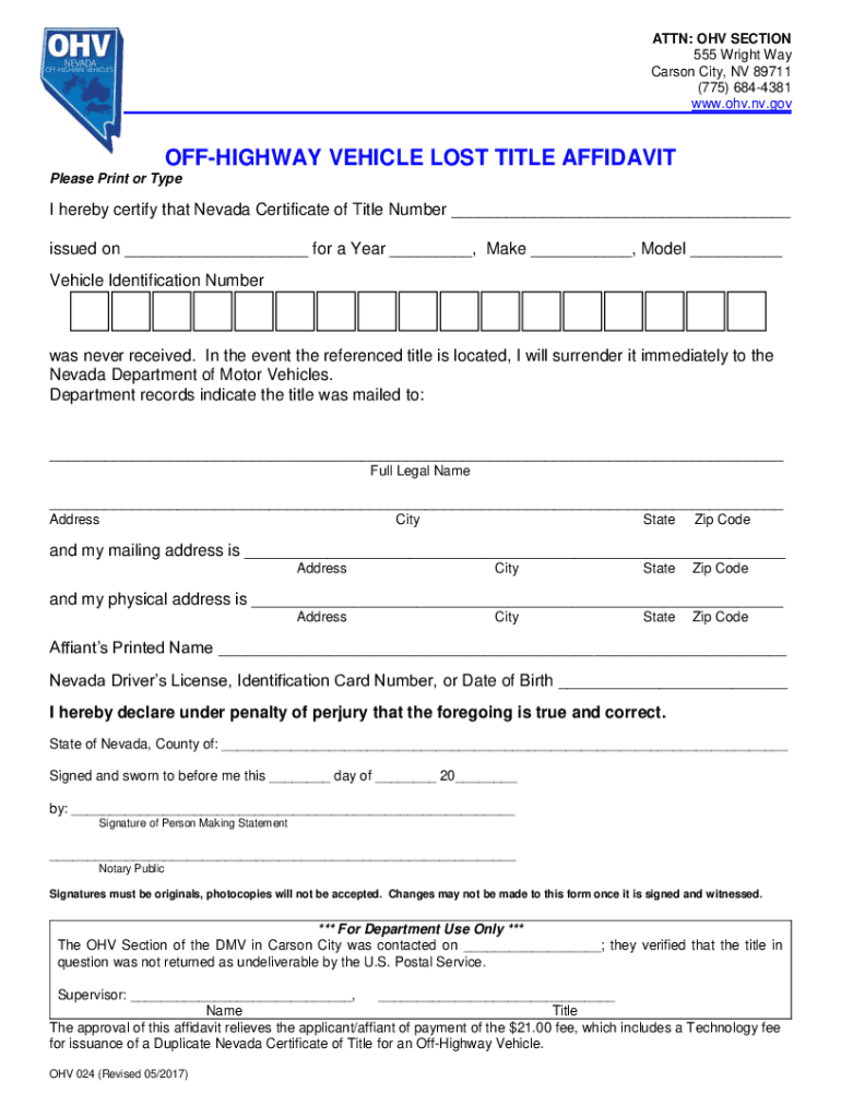 Fillable Online dmv nv OFF-HIGHWAY VEHICLE LOST TITLE AFFIDAVIT Fax ...