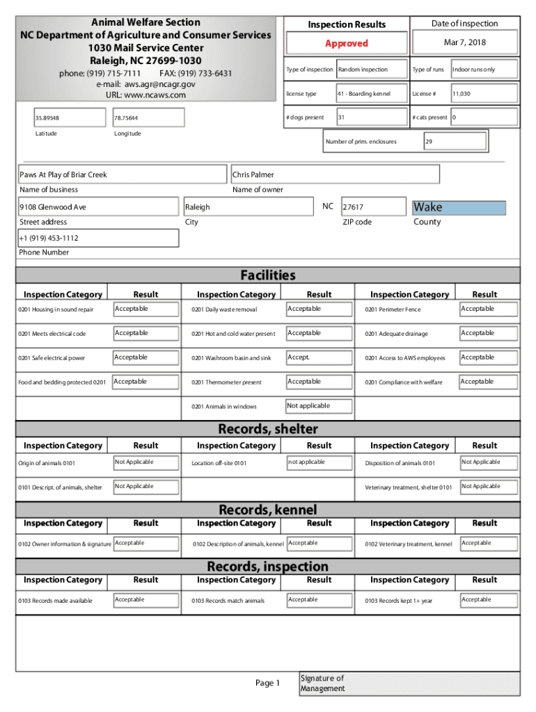 Fillable Online ANIMAL WELFARE INSPECTION W: - ncagr.gov Fax Email Print - pdfFiller