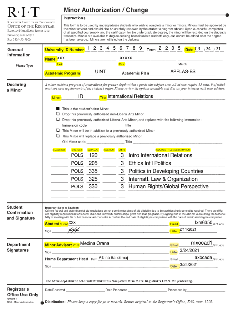 Fillable Online Rit Minor - Fill Out and Sign Printable PDF ...