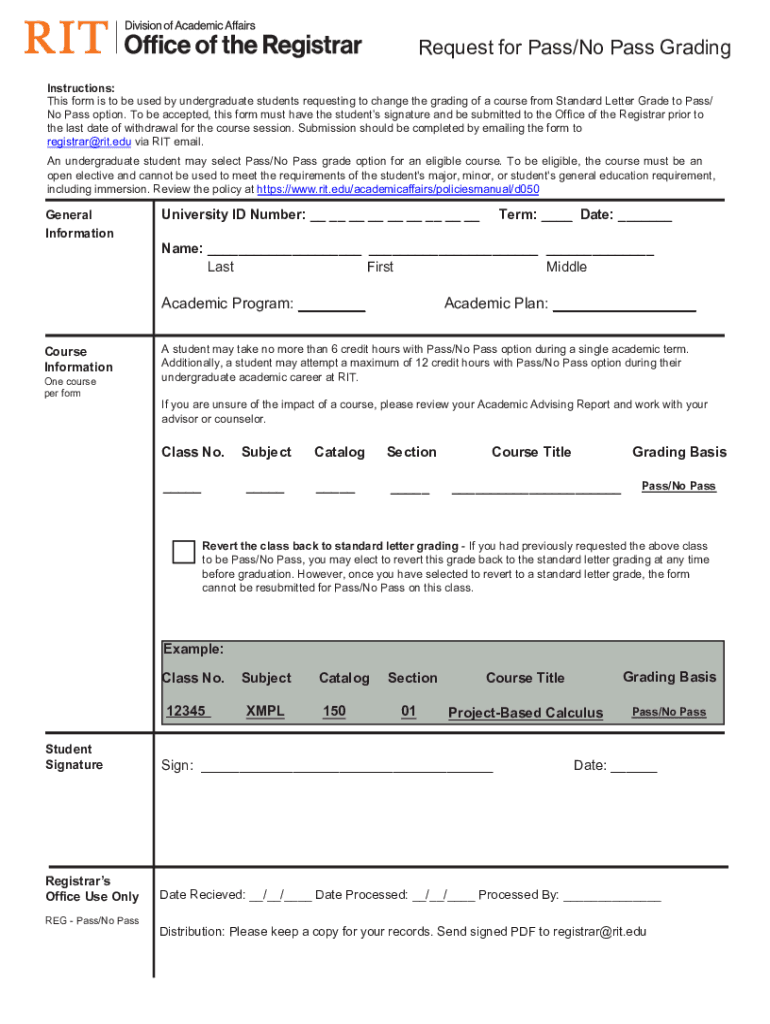 Fillable Online Request for Pass/No Pass Grading - Rochester Institute of Technology Fax Email ...