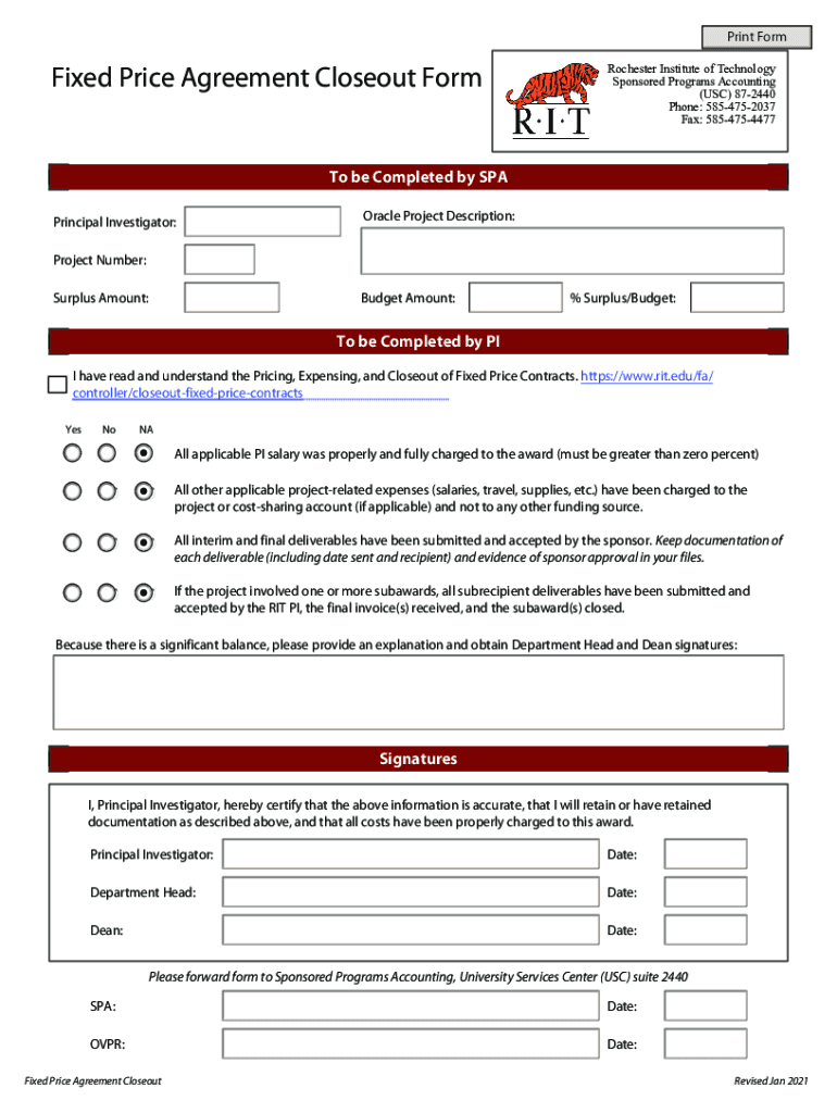 Fillable Online Fixed Price Agreement Closeout Fixed Price Agreement ...