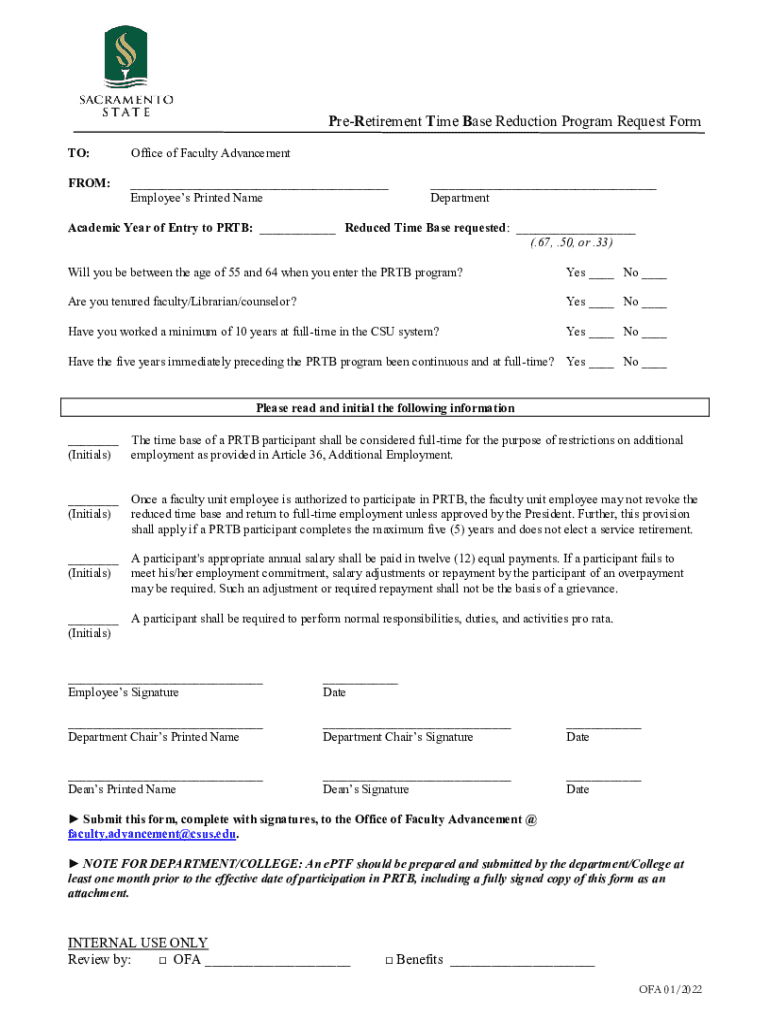 Fillable Online Article 30 Pre-Retirement Reduction in Time Base - California Faculty ... Fax ...