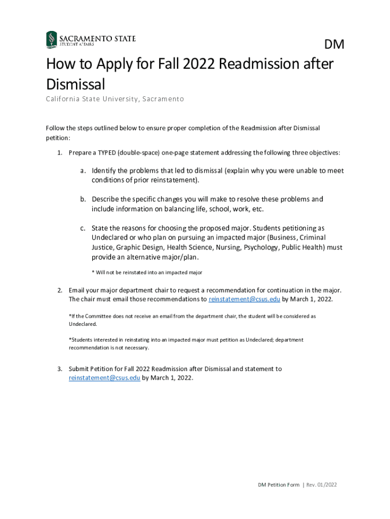 Fillable Online Readmission After Dismissal Form - California State ...