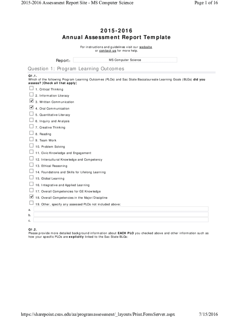 Fillable Online 20152016 Annual Assessment Report Template Fax Email ...