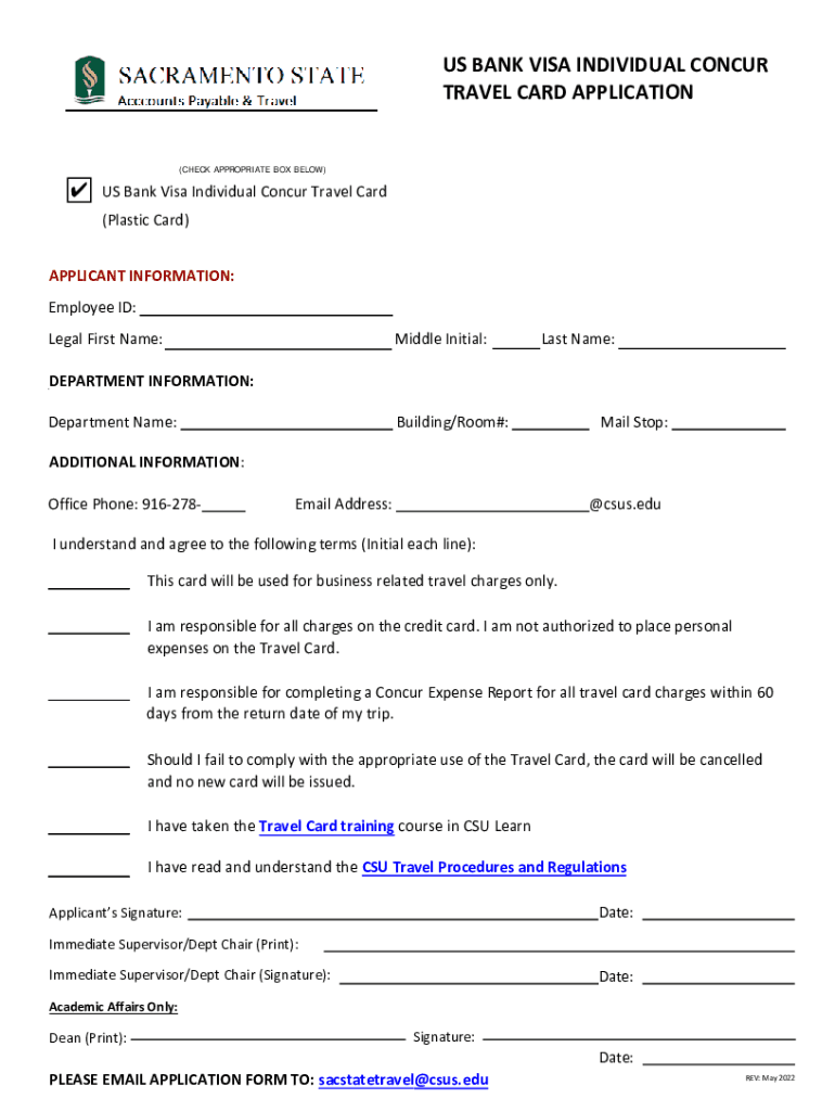 Fillable Online US BANK VISA INDIVIDUAL CONCUR TRAVEL CARD APPLICATION ...