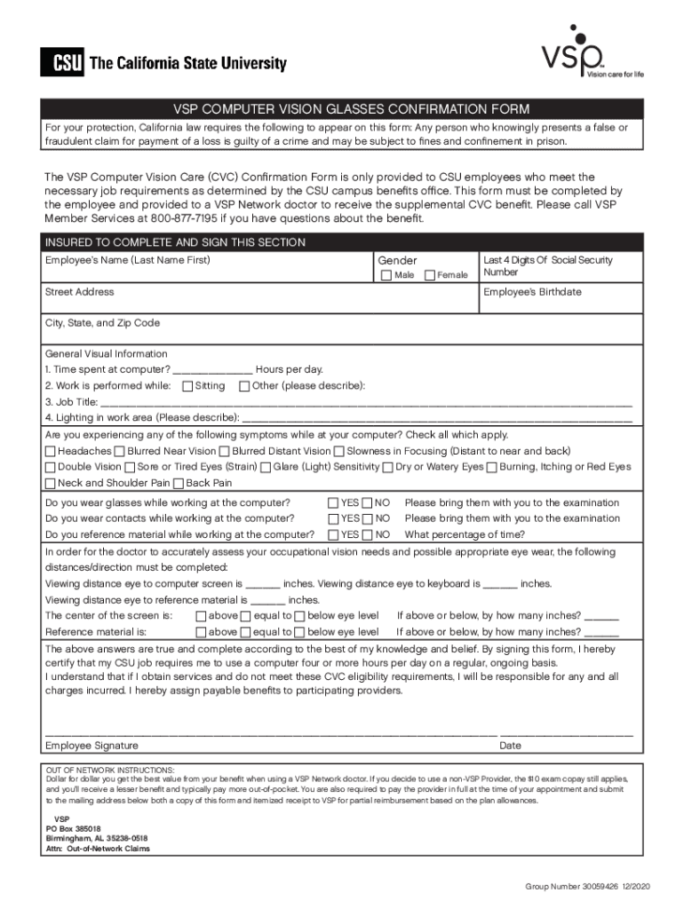 Fillable Online Bene-cvc-form VSP Computer Vision Glasses Confirmation ...