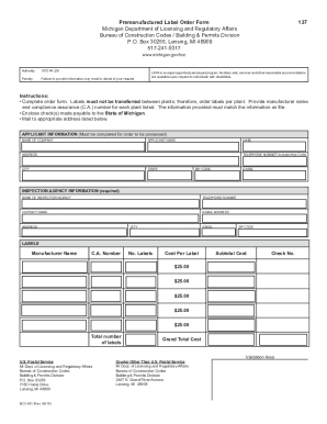 Fillable Online Premanufactured Label Order Form 137 Michigan ...