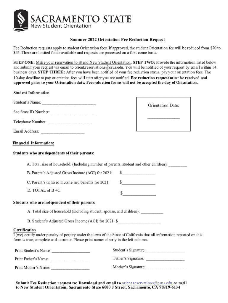 Fillable Online Orientation Fee Deferment RequestDivision of Student Affairs Fax Email Print ...