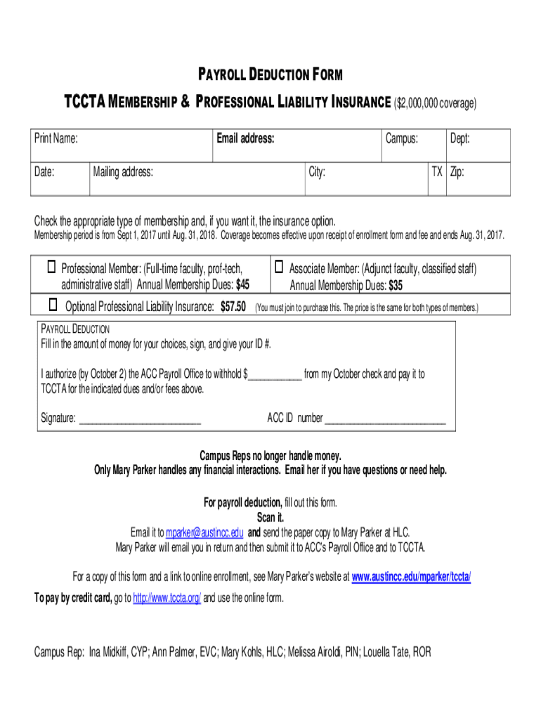 Fillable Online PAYROLL DEDUCTION FORM TCCTA MEMBERSHIP ... Fax Email Print - pdfFiller
