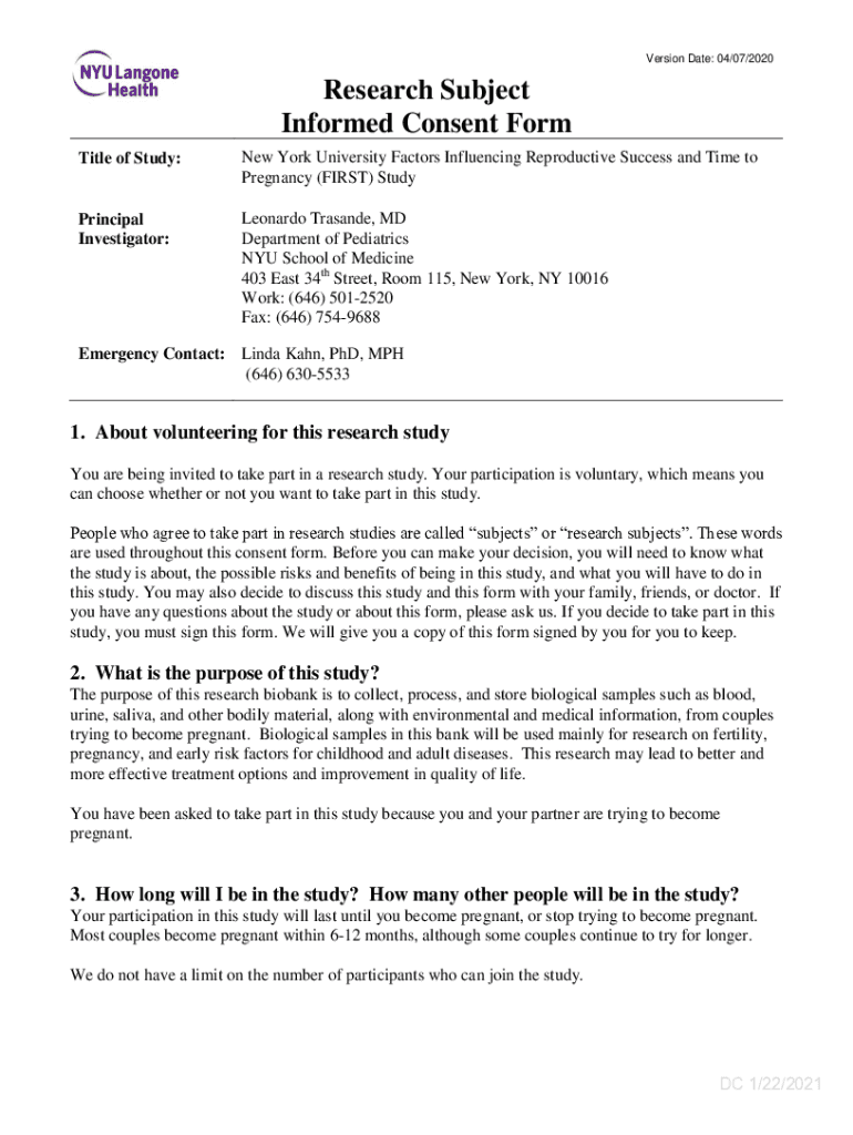 Fillable Online med nyu FIRST Research Subject Informed Consent Form ...