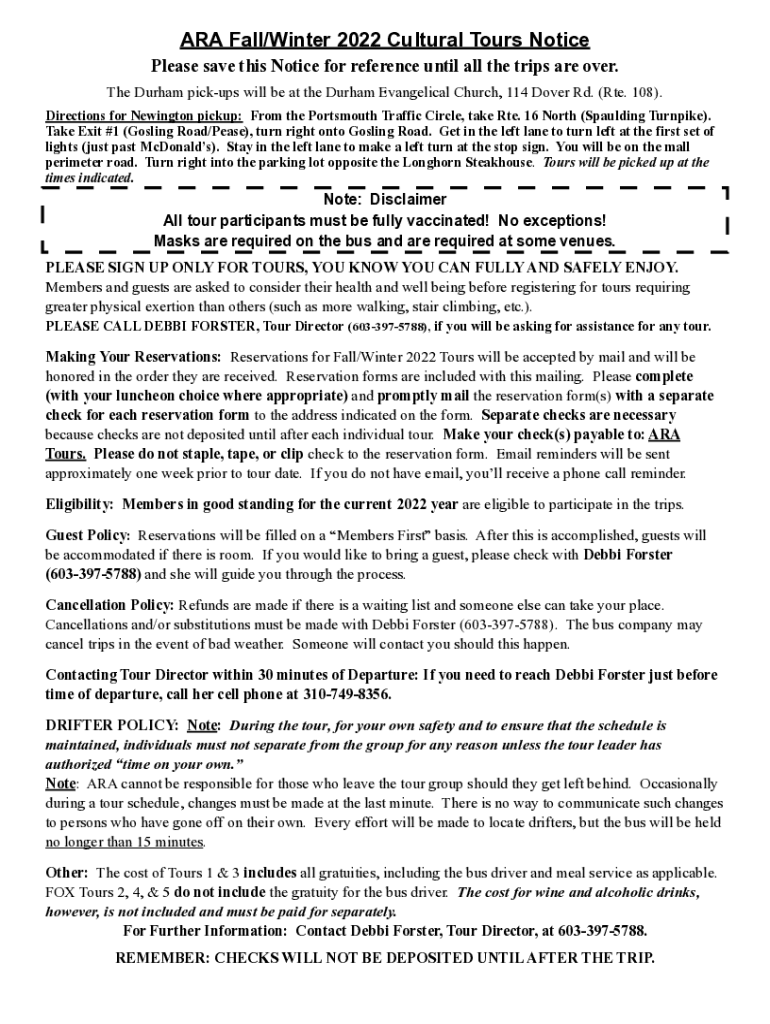 Fillable Online Tour Cover Sheet FallWinter 2022 Fax Email Print ...