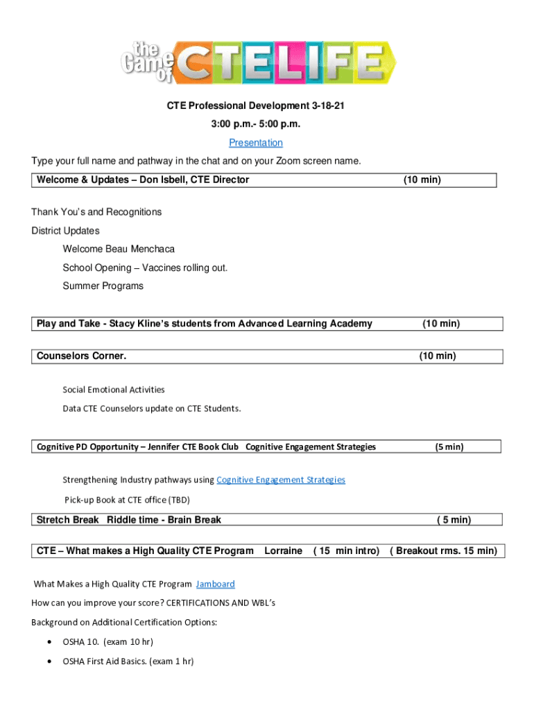 Fillable Online CTE Professional Development 3-18-21 3:00 p.m. Fax ...