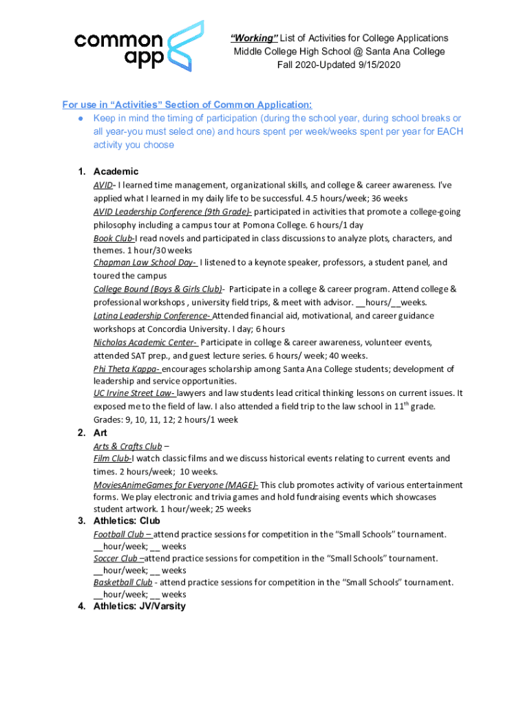 Fillable Online Working List of Activities for College Applications ...