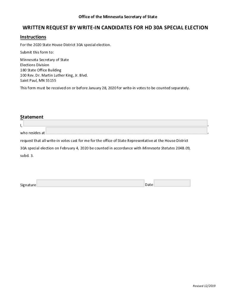 Fillable Online Write-in Request for House District 30A Special ...