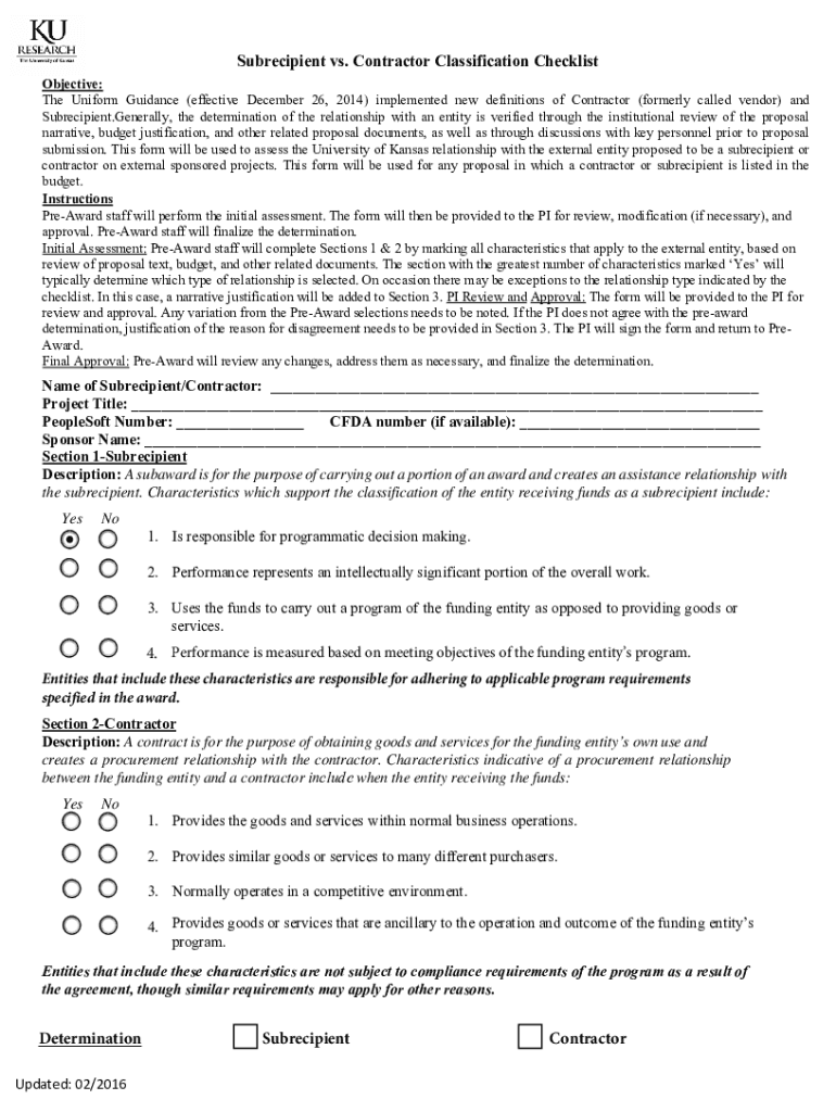 Fillable Online research ku Subrecipient or Contractor Checklist - KU ...