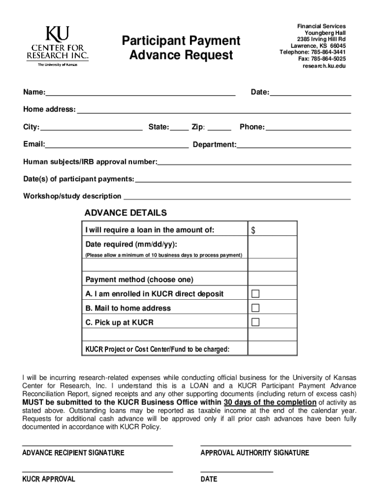 Fillable Online research ku Participant Payment Advance Request - KU ...