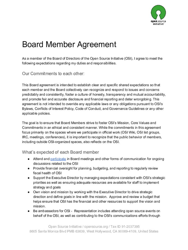 Fillable Online Board Member Agreement - Open Source Initiative Fax ...