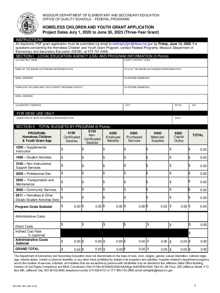 Fillable Online dese mo HOMELESS CHILDREN AND YOUTH GRANT APPLICATION ...