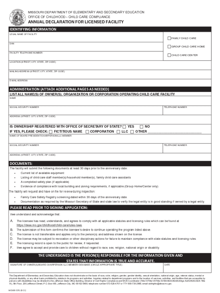 Fillable Online dese mo Annual Declaration For Licensed Facility. MISSOURI DEPARTMENT OF HEALTH ...