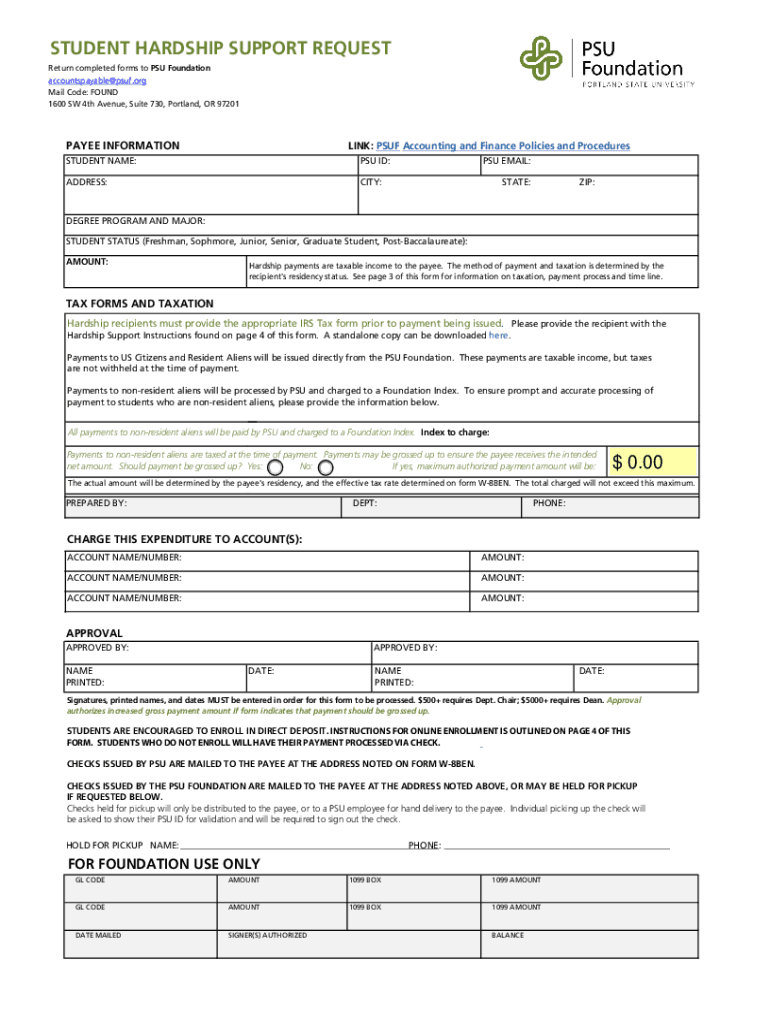 Fillable Online STUDENT HARDSHIP SUPPORT REQUEST $ 0.00 Fax Email Print ...