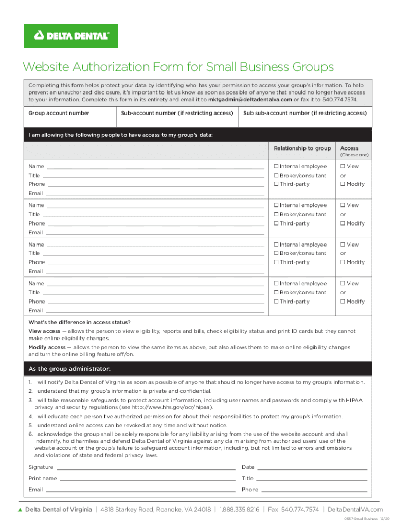 Fillable Online Website Authorization Form for Small Business Groups ...