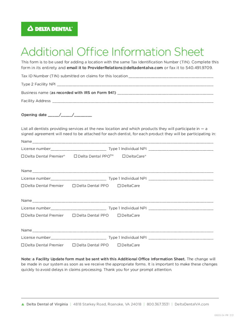 Fillable Online Additional Office Information Sheet - Delta Dental of Virginia Fax Email Print ...