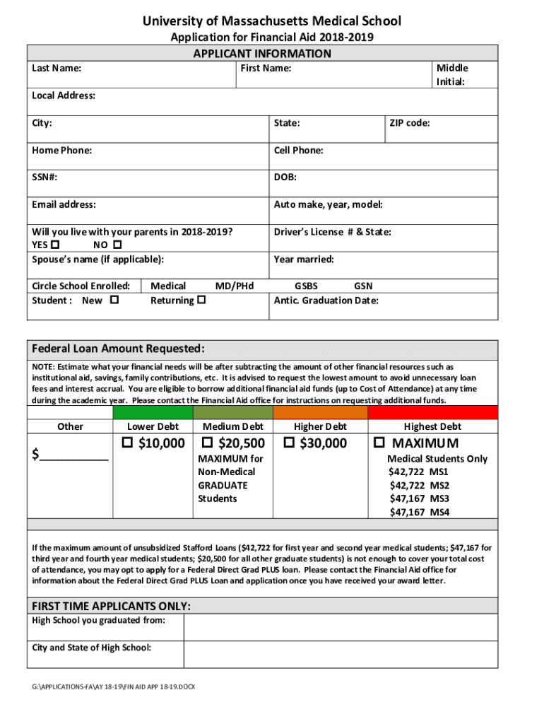 Fillable Online Application for Financial Aid 2018-2019 - UMass Medical School Fax Email Print ...