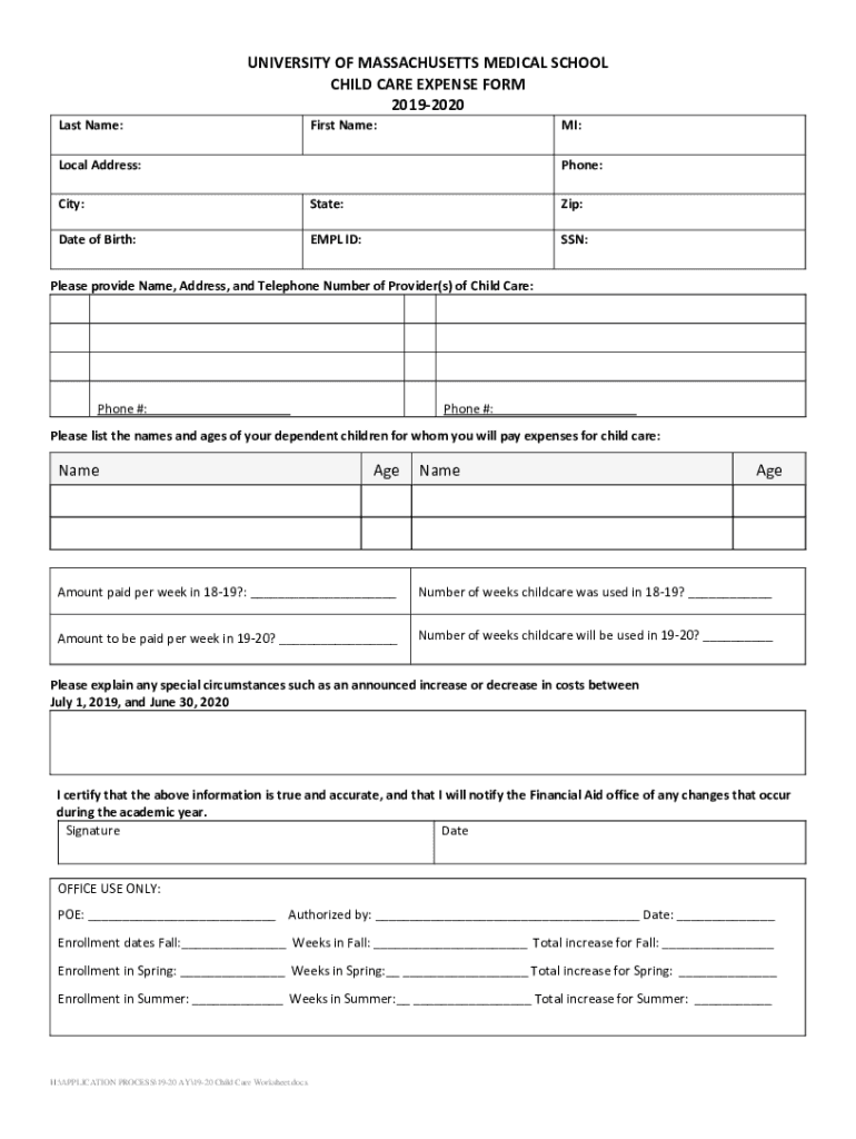 Fillable Online 19-20 Child Care Worksheet - UMass Medical School Fax Email Print - pdfFiller