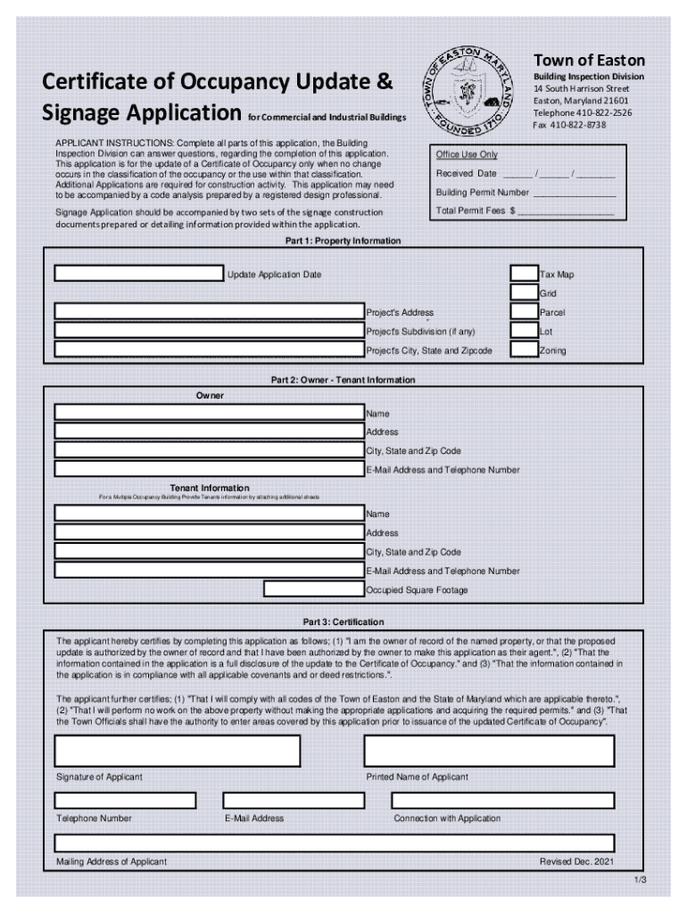 Fillable Online eastonmd.govDocumentCenterViewCertificate of Occupancy ...